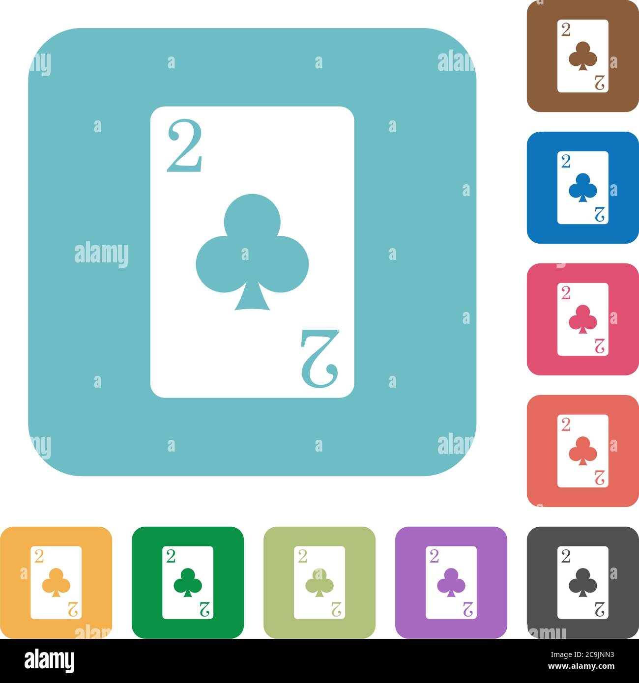 Two of clubs card white flat icons on color rounded square backgrounds ...