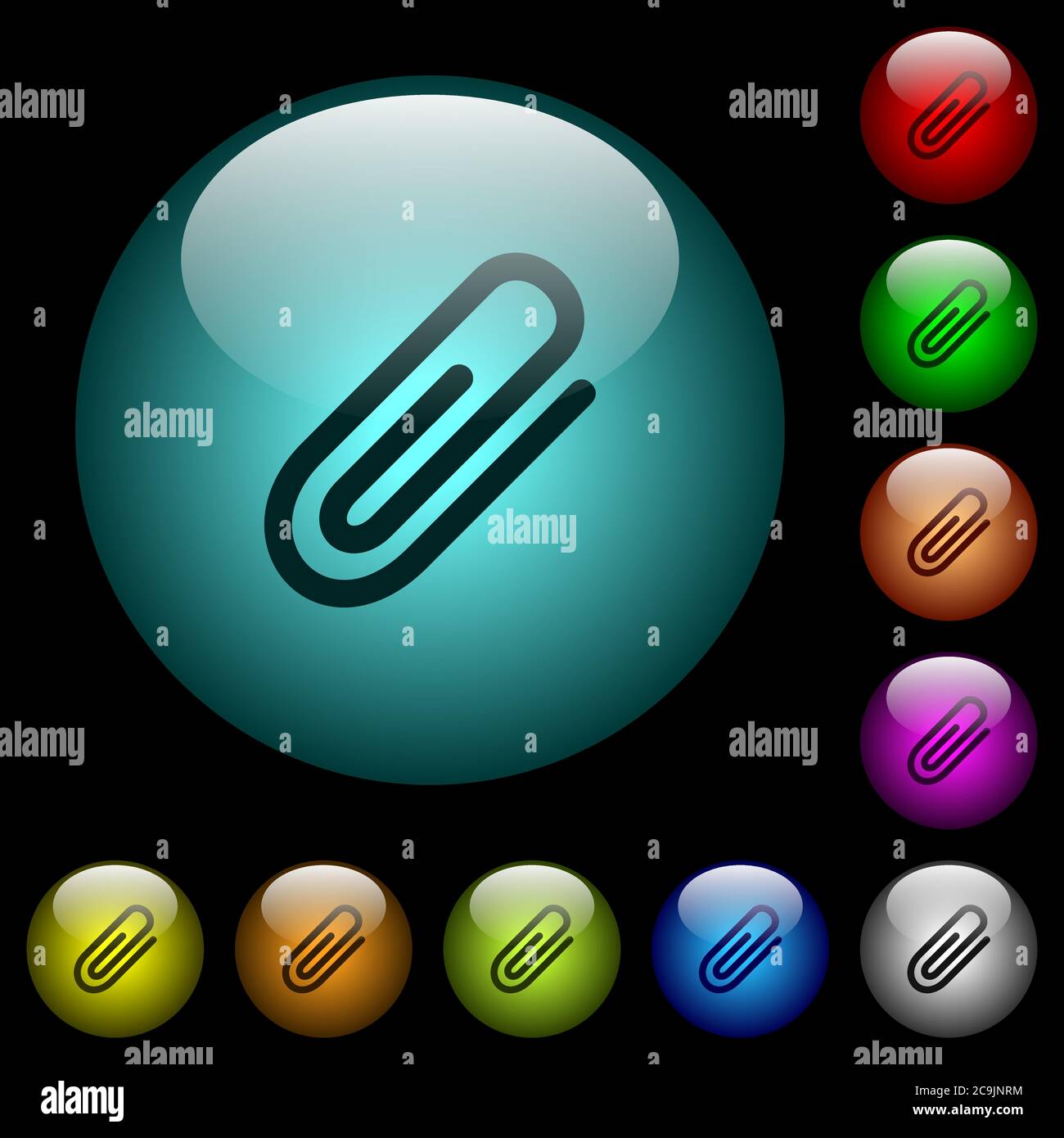 Attachment icons in color illuminated spherical glass buttons on black ...