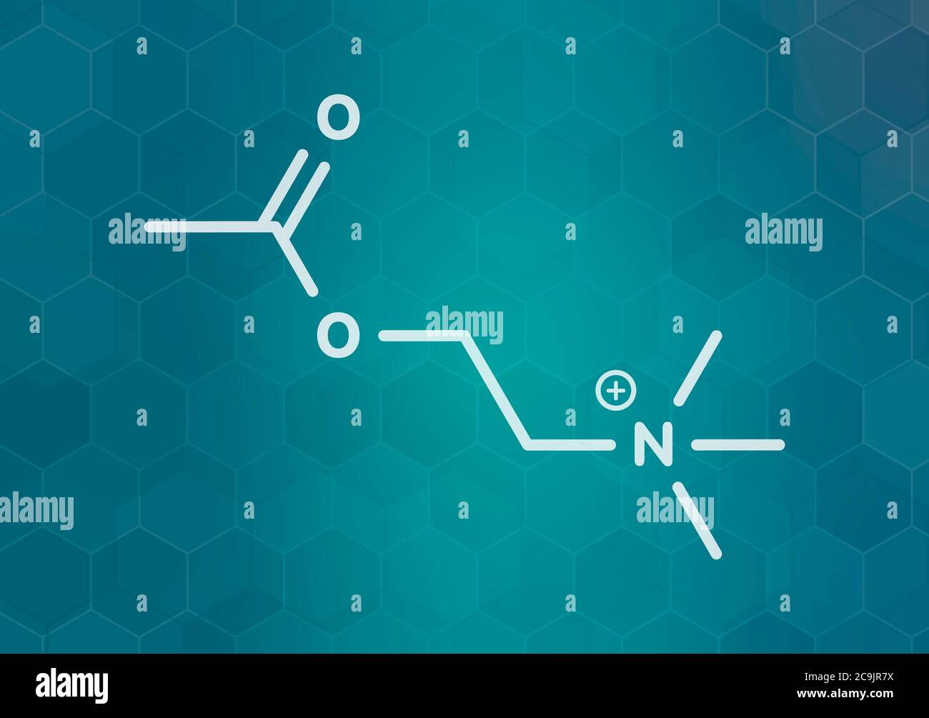Acetylchloline (ACh) neurotransmitter molecule. White skeletal formula ...