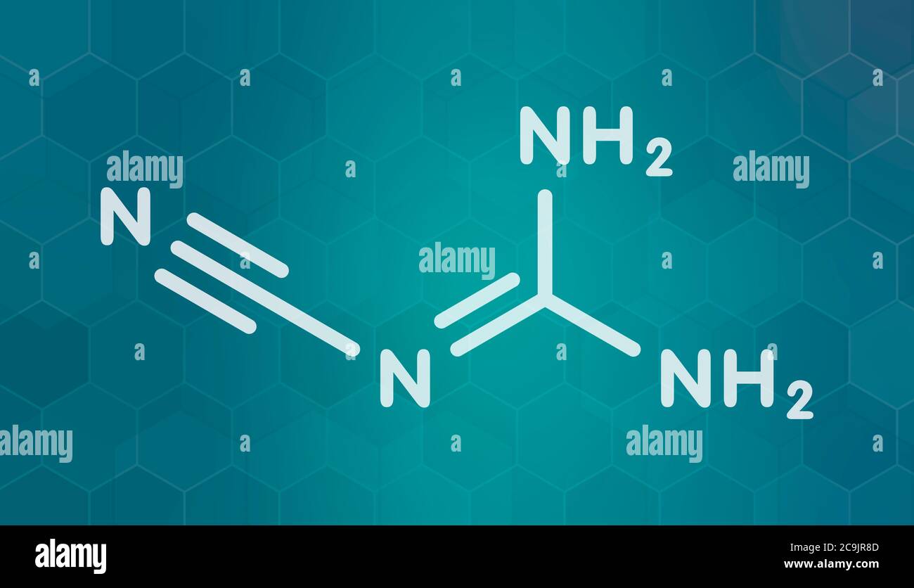 Dicyandiamide (2-cyanoguanidine, DCD) molecule. Used as fertilizer and ...