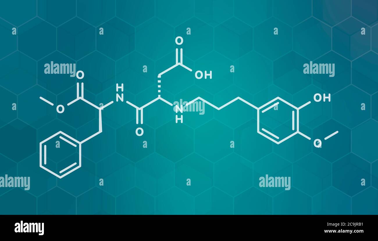 Advantame (E969) sugar substitute molecule. White skeletal formula on ...