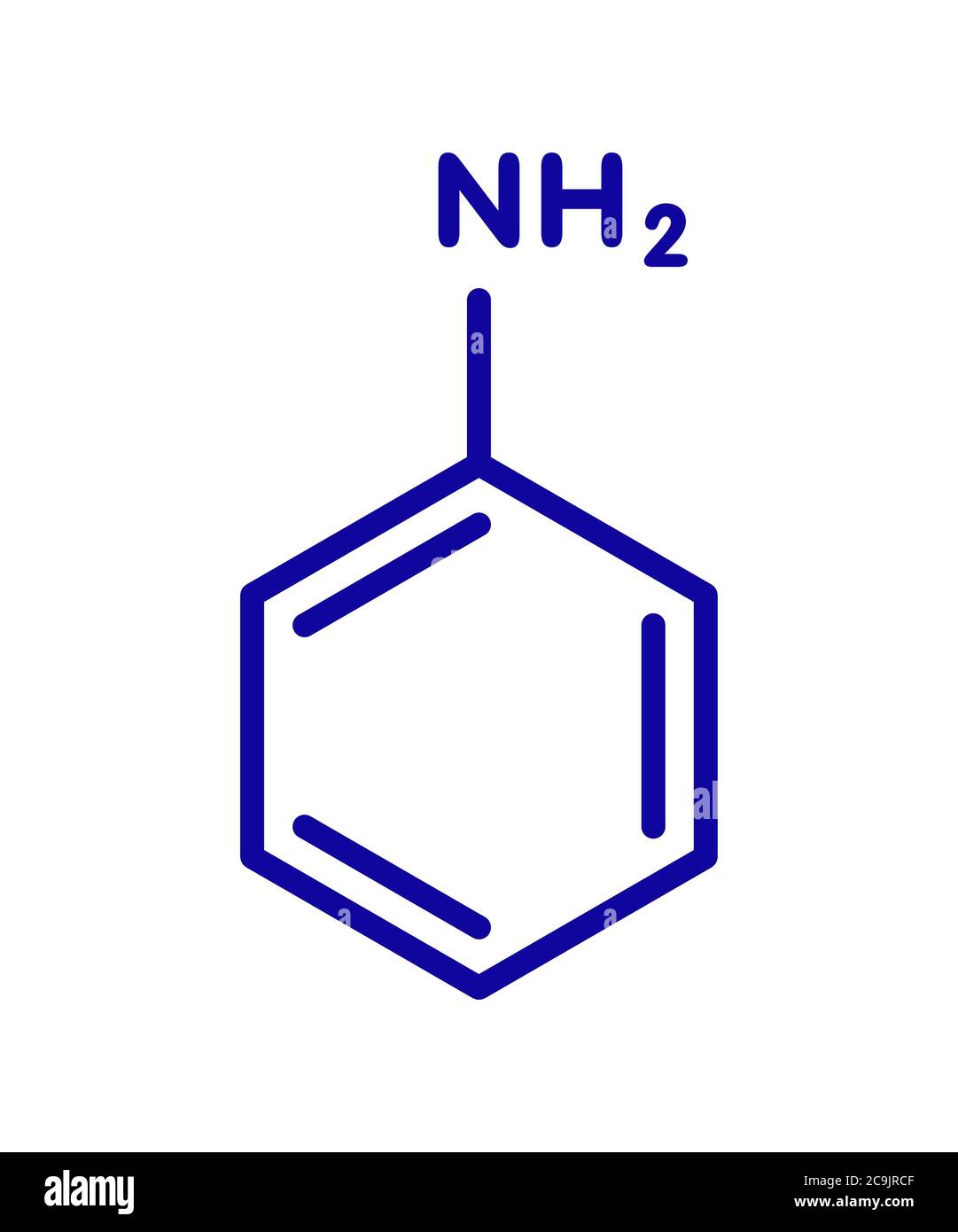 Aniline (phenylamine, aminobenzene) molecule. Blue skeletal formula on ...