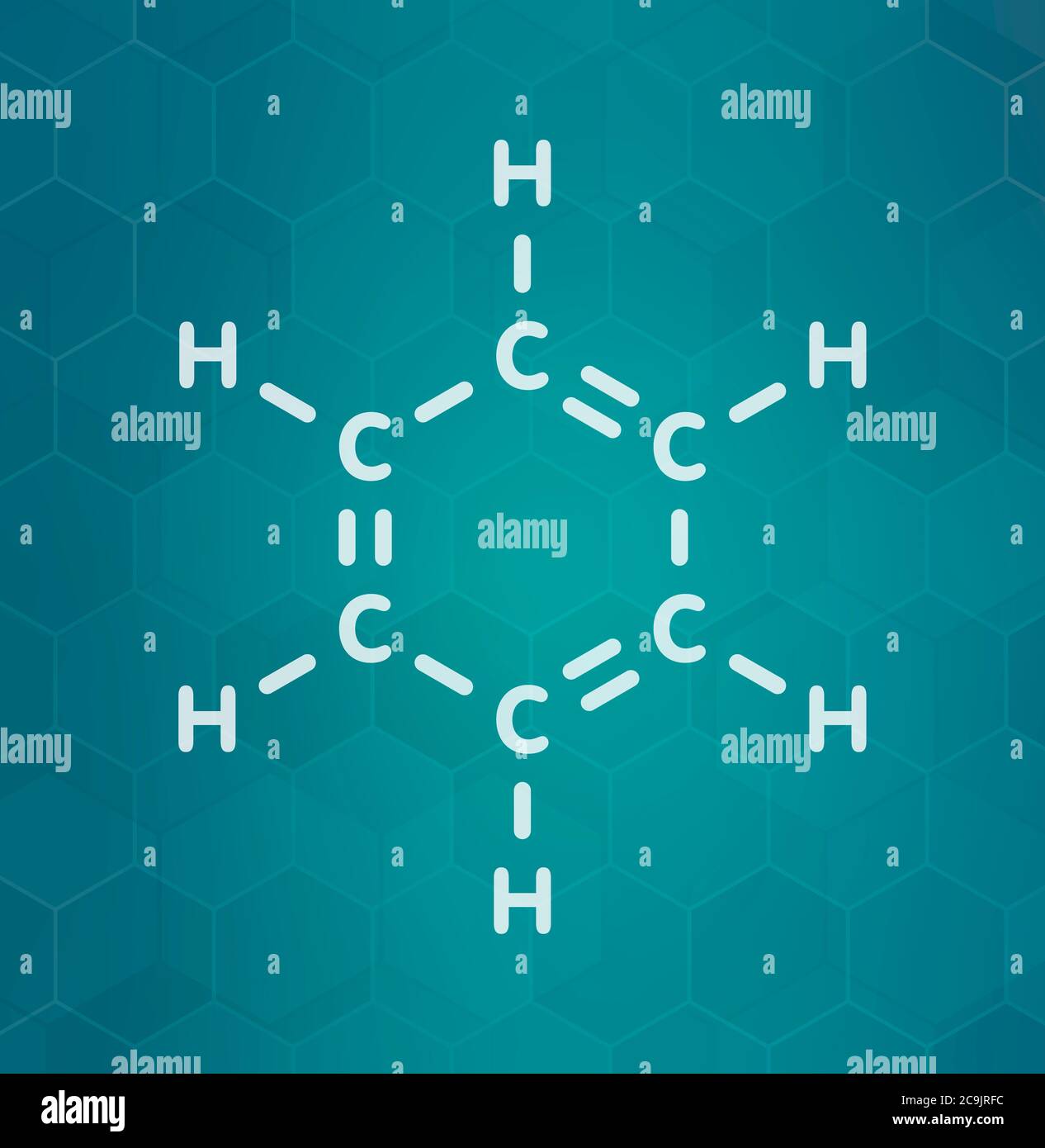 Benzene aromatic hydrocarbon molecule. White skeletal formula on dark ...