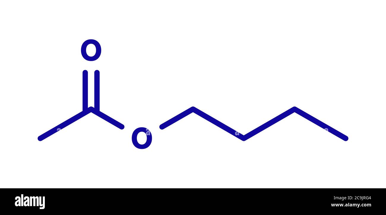 Butyl acetate molecule. Used as synthetic fruit flavouring and as ...