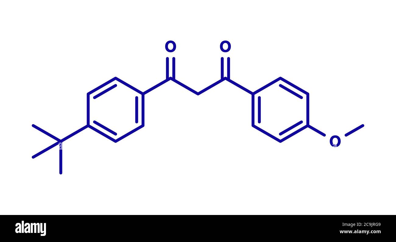 Avobenzone sunscreen molecule (UV filter). Blue skeletal formula on ...