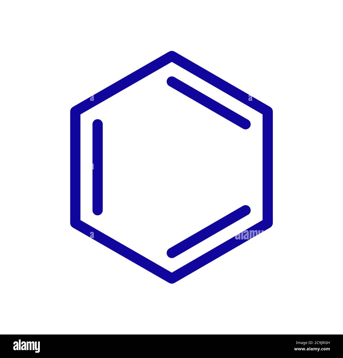 Benzene aromatic hydrocarbon molecule. Blue skeletal formula on white ...