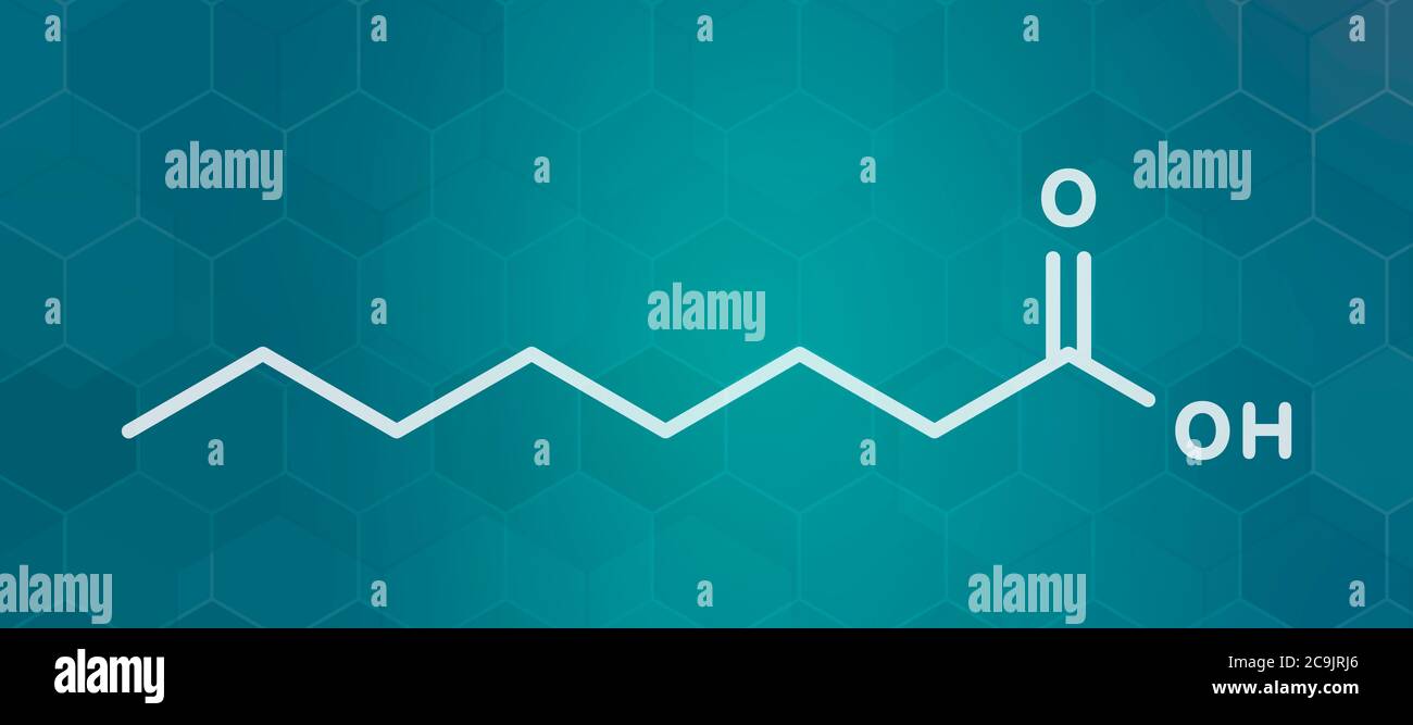 Caprylic (octanoic) acid molecule. Common saturated medium-chain fatty ...