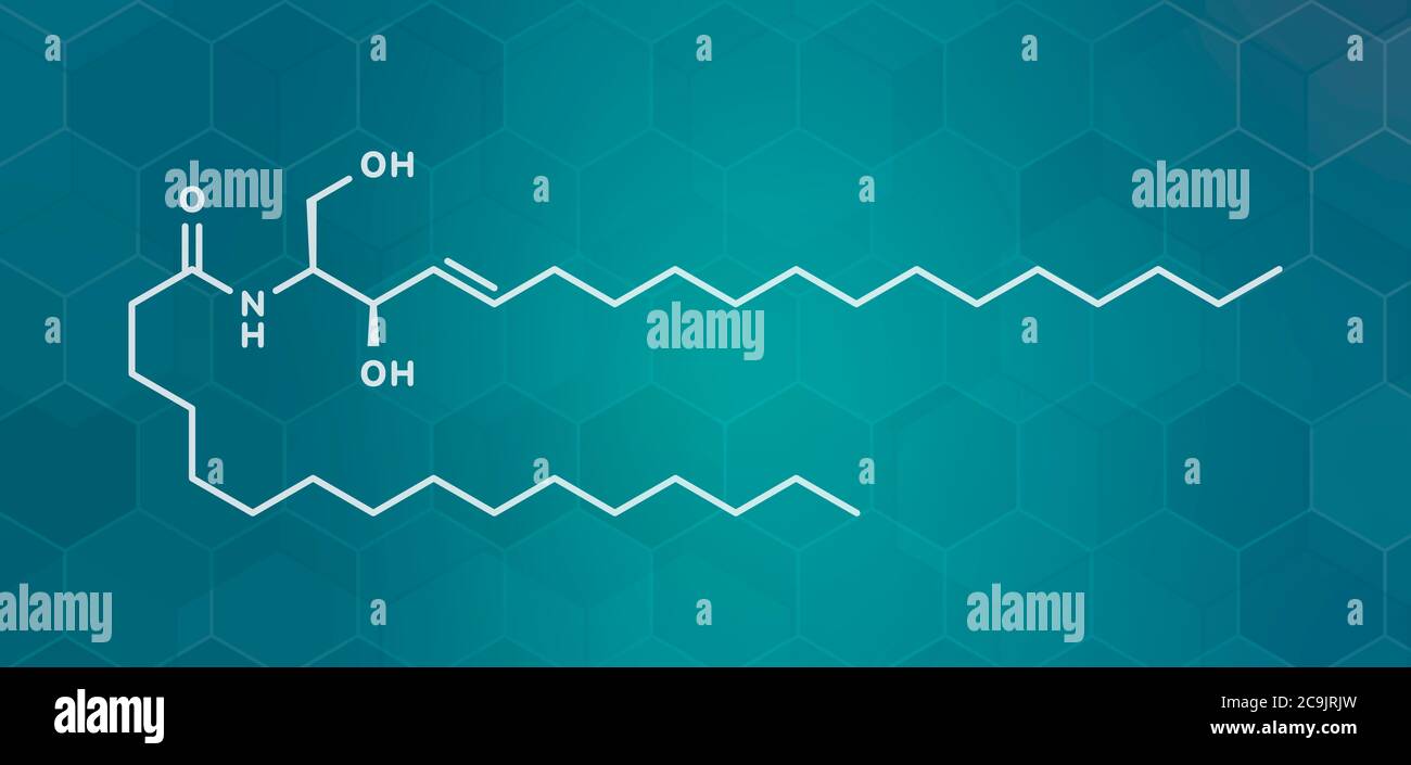 Ceramide cell membrane lipid molecule. White skeletal formula on dark ...