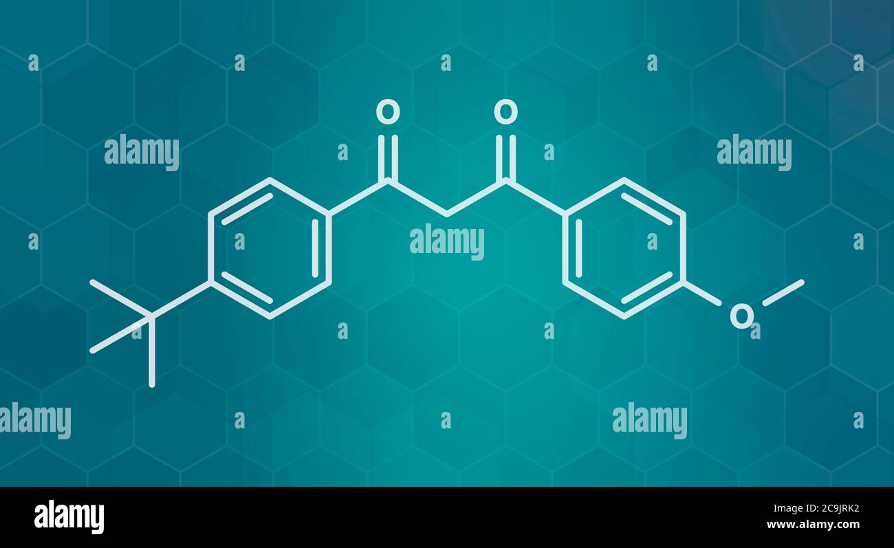 Avobenzone sunscreen molecule (UV filter). White skeletal formula on ...
