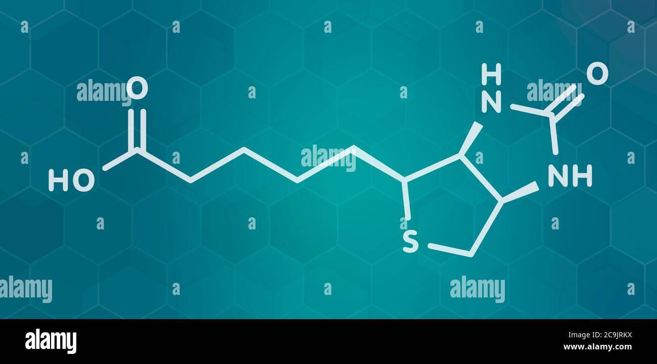 Vitamin B7 (biotin) molecule. White skeletal formula on dark teal ...