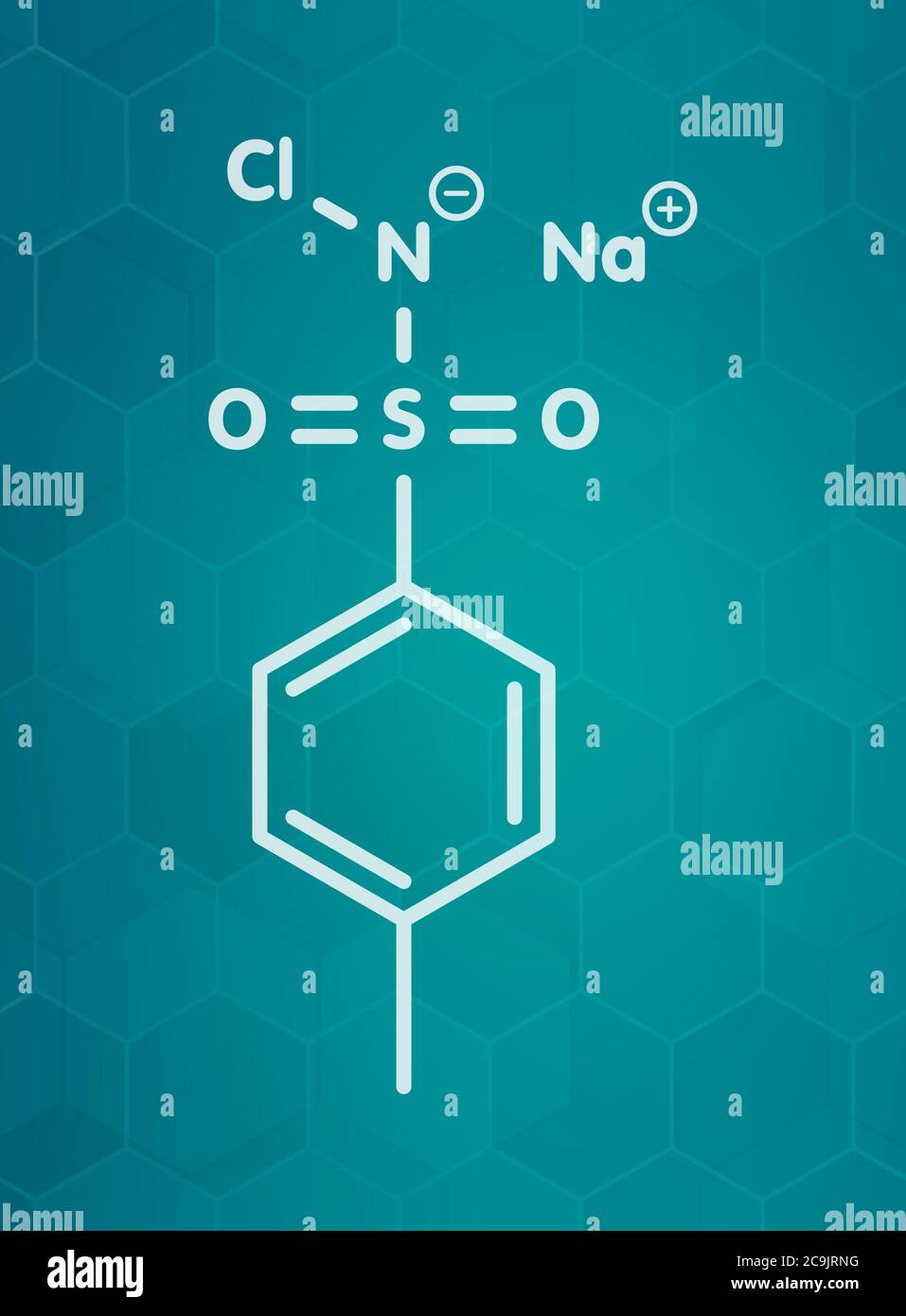 Chloramine-T (tosylchloramide) disinfectant molecule. White skeletal ...