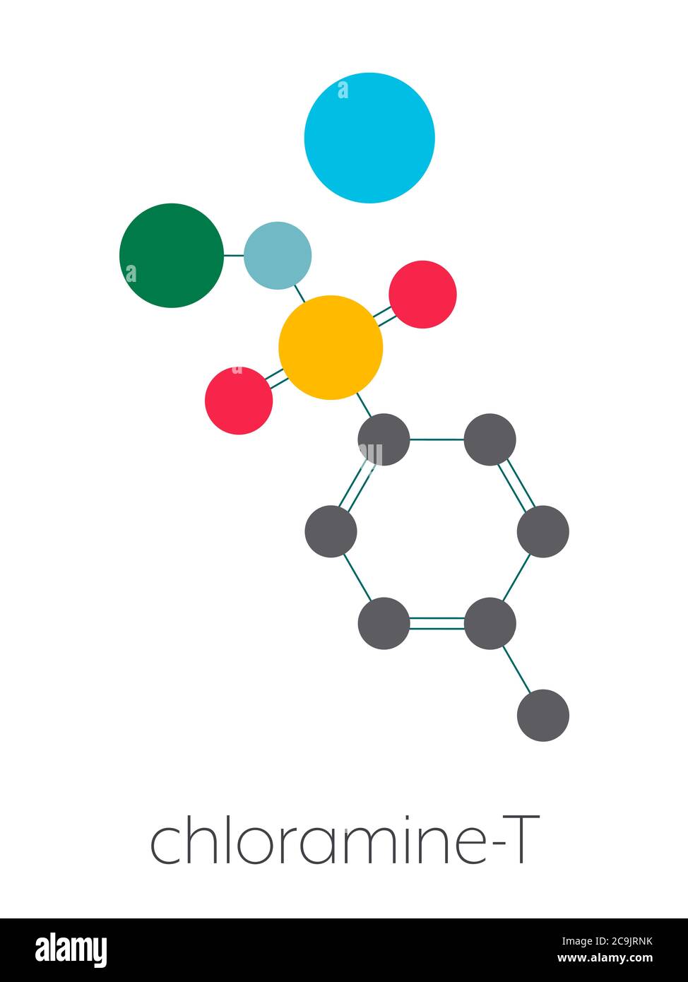 Chloramine-T (tosylchloramide) disinfectant molecule. Stylized skeletal ...