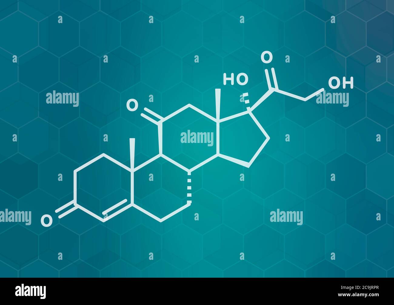 Cortisone stress hormone molecule. White skeletal formula on dark teal ...