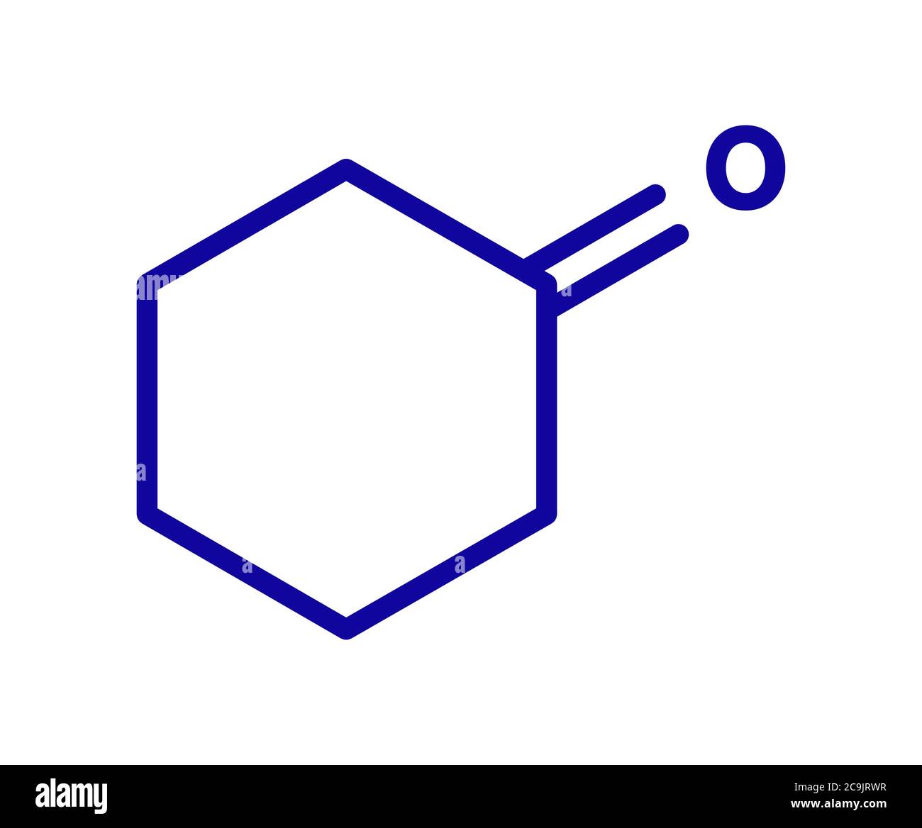 Cyclohexanone organic solvent molecule. Precursor of nylon. Blue skeletal formula on white ...