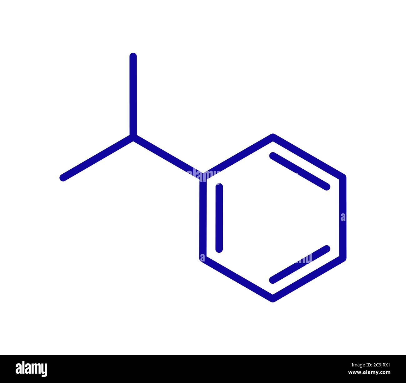 Cumene (isopropylbenzene) aromatic hydrocarbon molecule. Blue skeletal ...