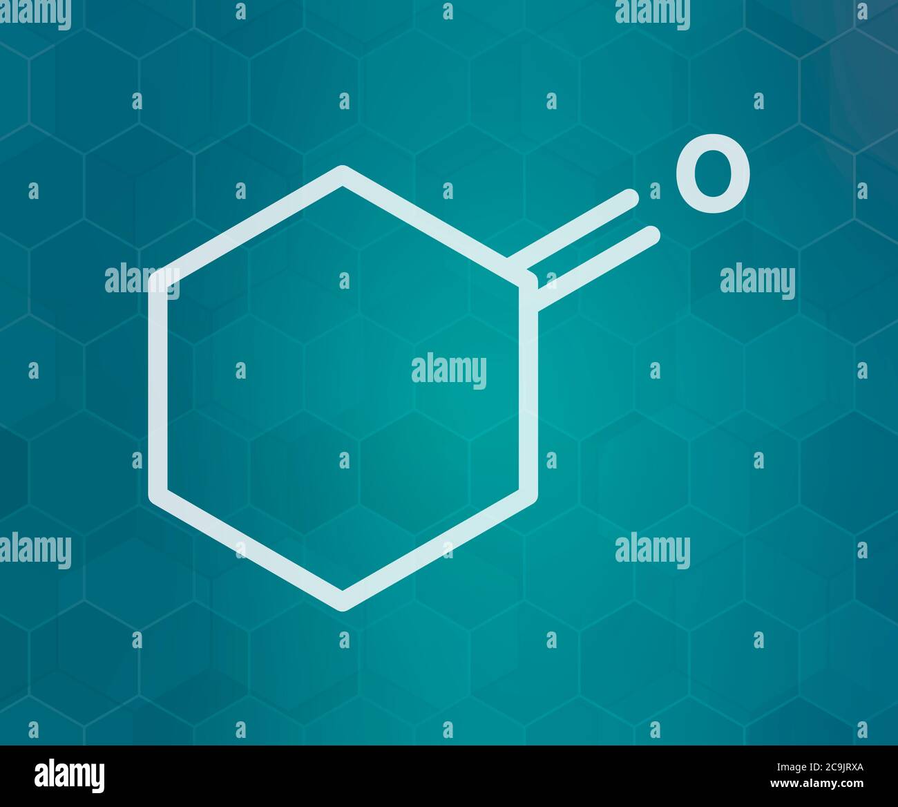 Cyclohexanone organic solvent molecule. Precursor of nylon. White skeletal formula on dark teal ...