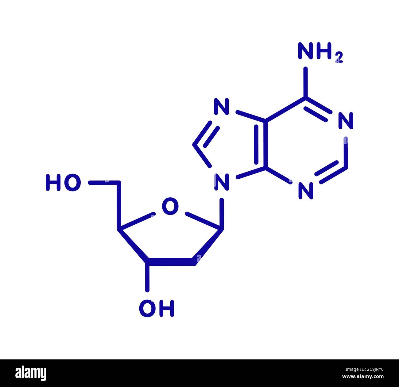 Deoxyadenosine (dA) nucleoside molecule. DNA building block. Blue ...