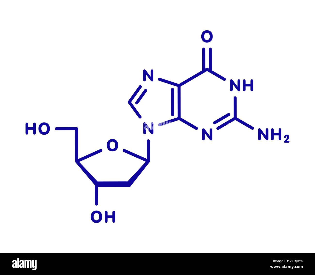 Deoxyguanosine (dG) nucleoside molecule. DNA building block. Blue ...