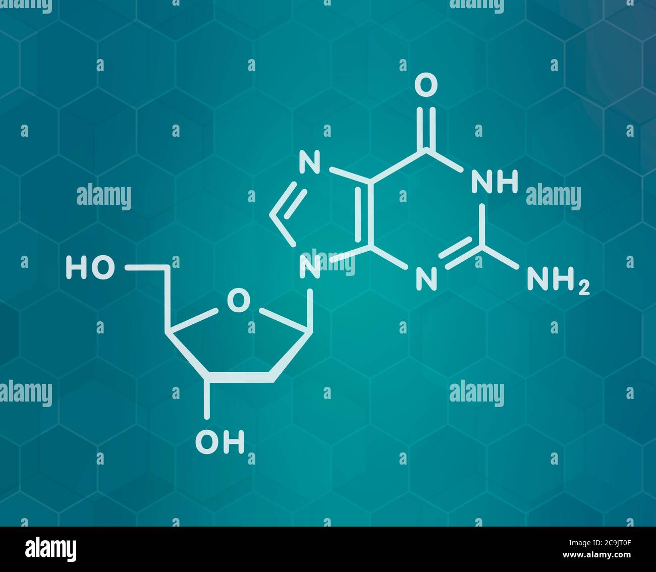 Deoxyguanosine (dG) nucleoside molecule. DNA building block. White ...