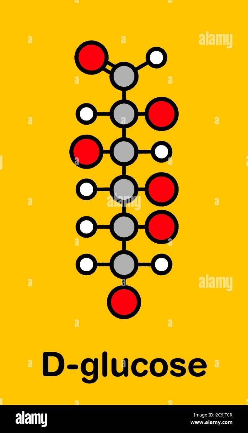 Glucose (D-glucose, dextrose) grape sugar molecule. Stylized skeletal ...