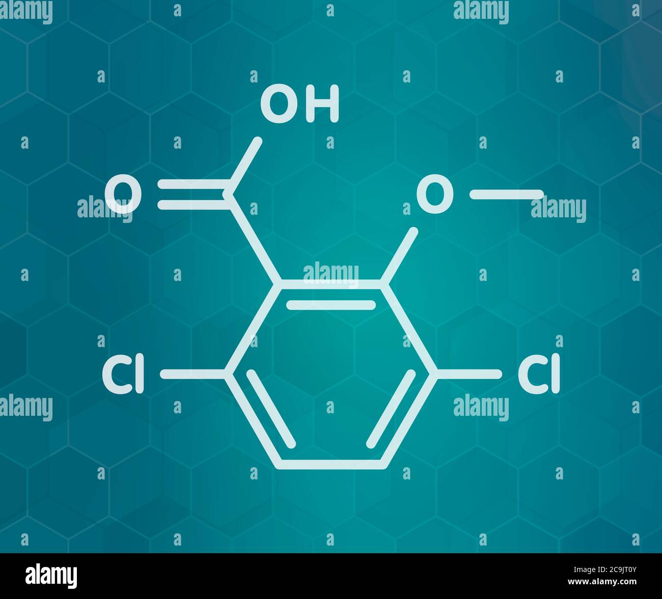 Dicamba herbicide molecule. Used in weed control. White skeletal ...