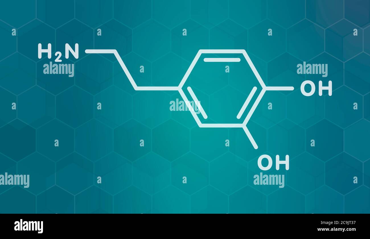 Dopamine neurotransmitter molecule. Also used as drug. White skeletal ...