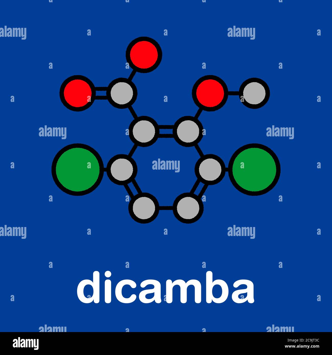 Dicamba herbicide molecule. Used in weed control. Stylized skeletal ...