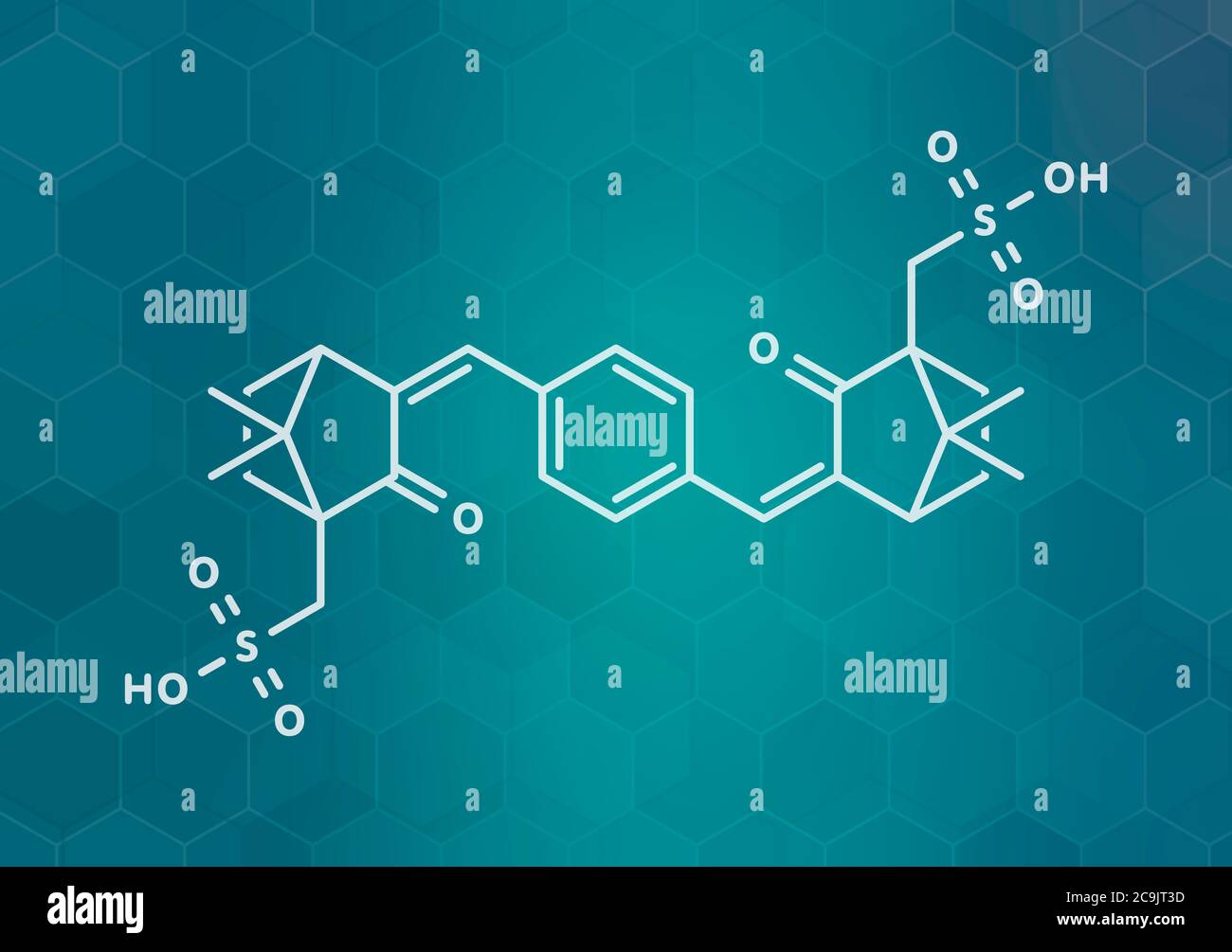 Ecamsule sunscreen molecule (UV filter). White skeletal formula on dark ...