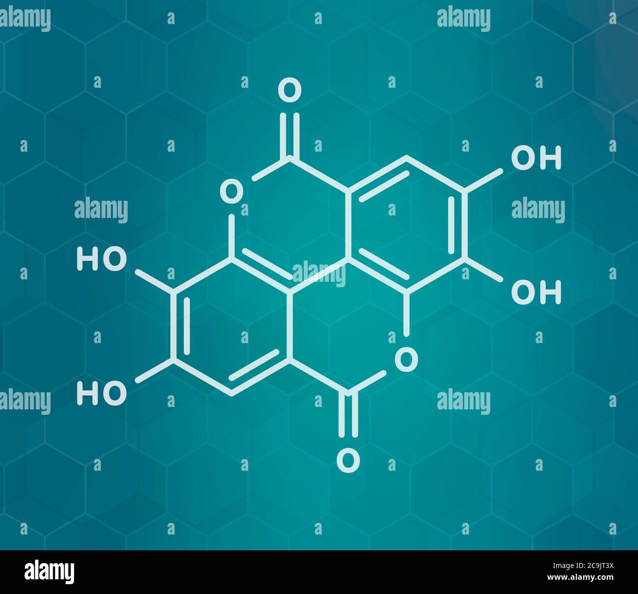 Ellagic acid dietary supplement molecule. White skeletal formula on ...