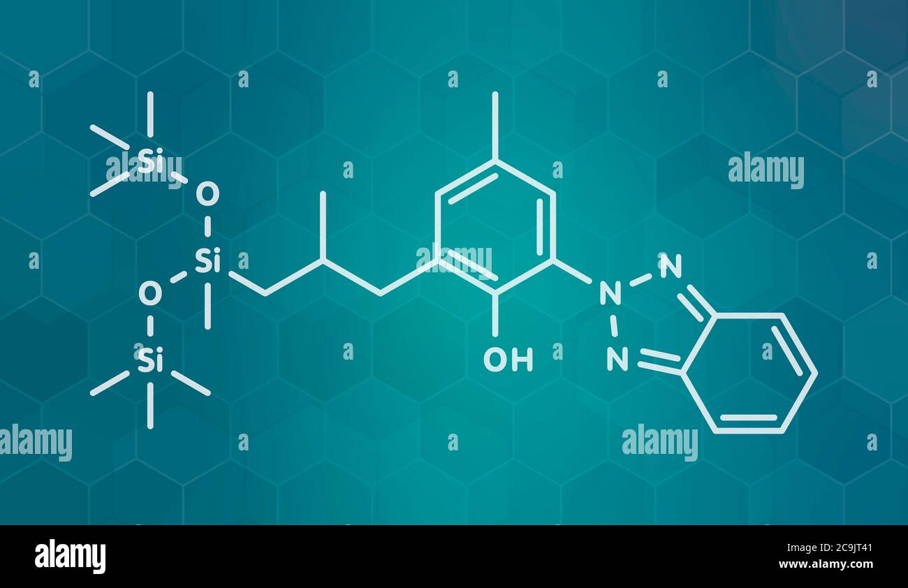 Drometrizole trisiloxane sunscreen molecule (UV filter). White skeletal ...