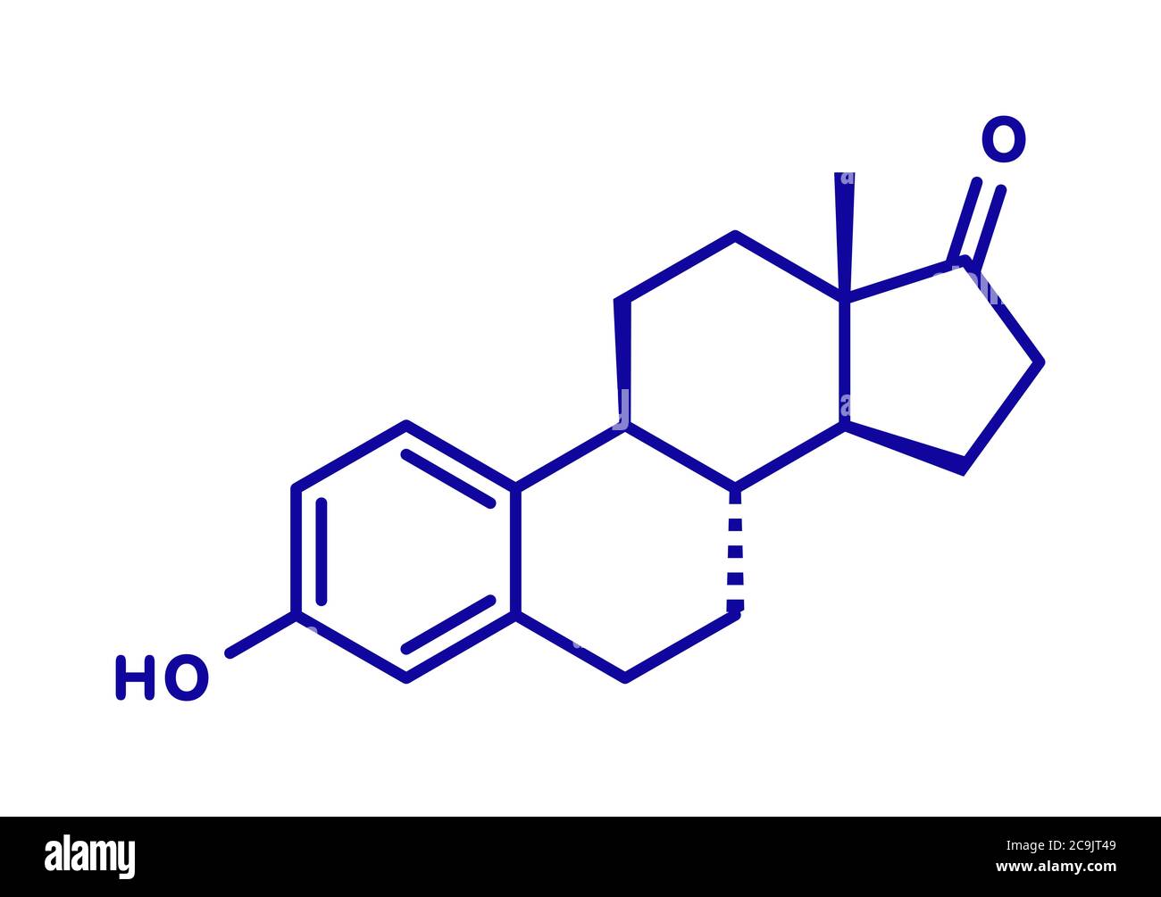Estrone (oestrone) human estrogen hormone molecule. Blue skeletal ...