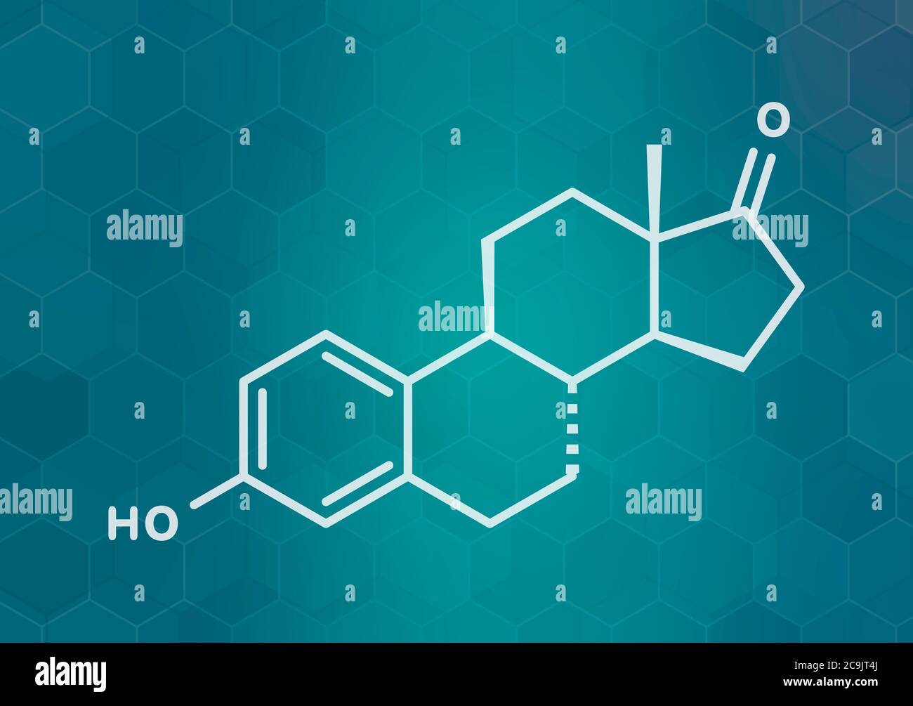 Estrone (oestrone) human estrogen hormone molecule. White skeletal ...
