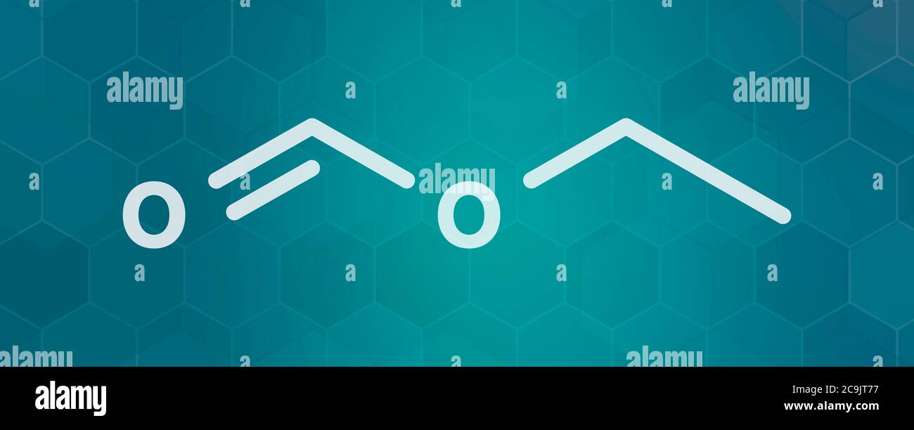 Ethyl formate (ethyl methanoate) molecule. White skeletal formula on ...