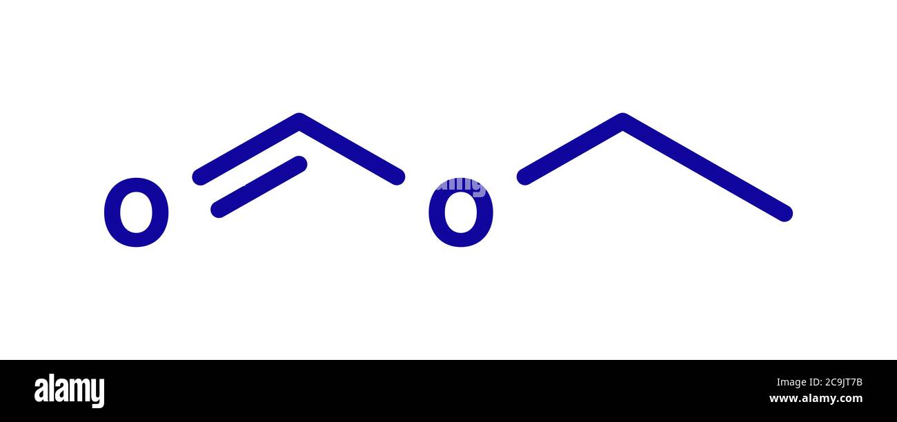 Ethyl formate (ethyl methanoate) molecule. Blue skeletal formula on ...
