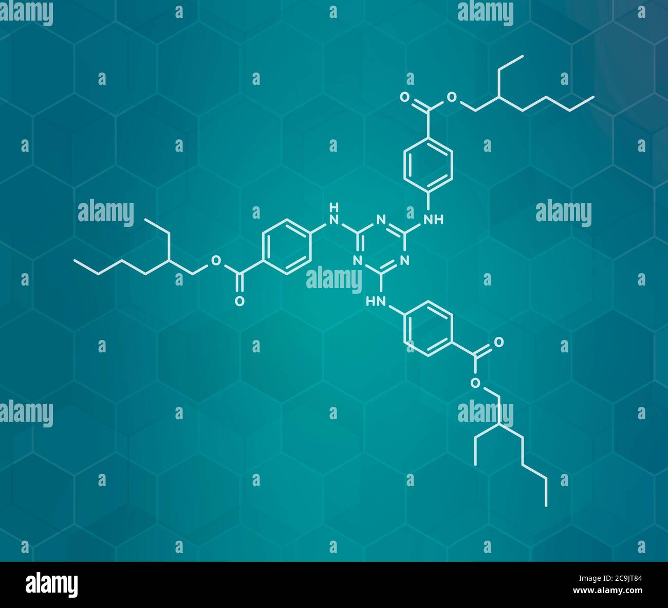 Ethylhexyl triazone sunscreen molecule (UV filter). White skeletal ...