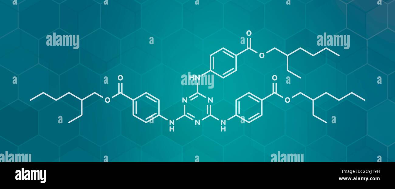 Ethylhexyl triazone sunscreen molecule (UV filter). White skeletal ...