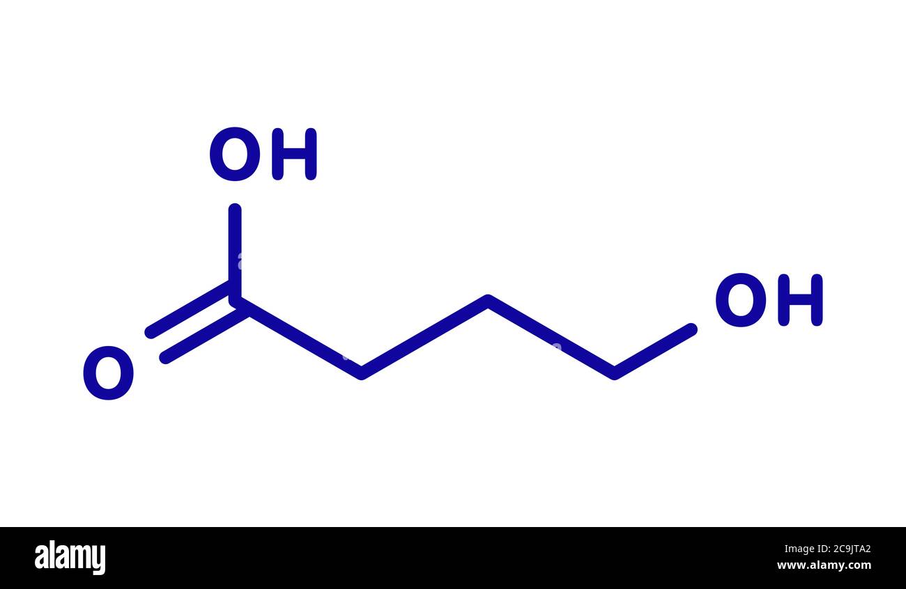 Gamma-hydroxybutyric acid (GHB, oxybate, liquid ecstasy) molecule. Blue ...