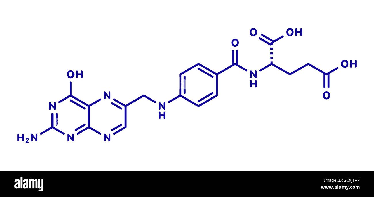 Vitamin B9 (folic acid) molecule. Blue skeletal formula on white ...