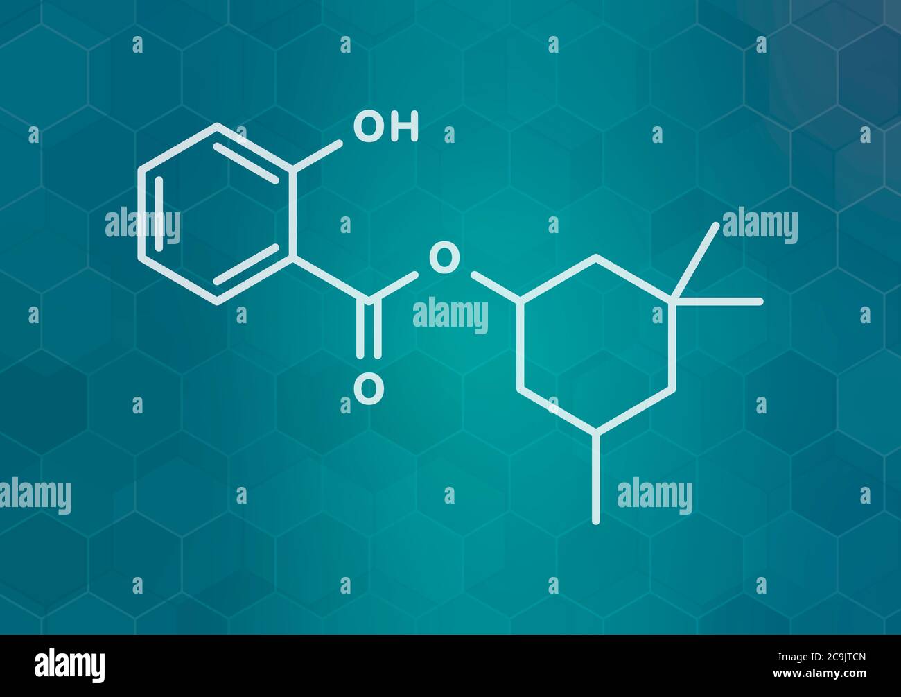 Homosalate sunscreen molecule (UV filter). White skeletal formula on ...