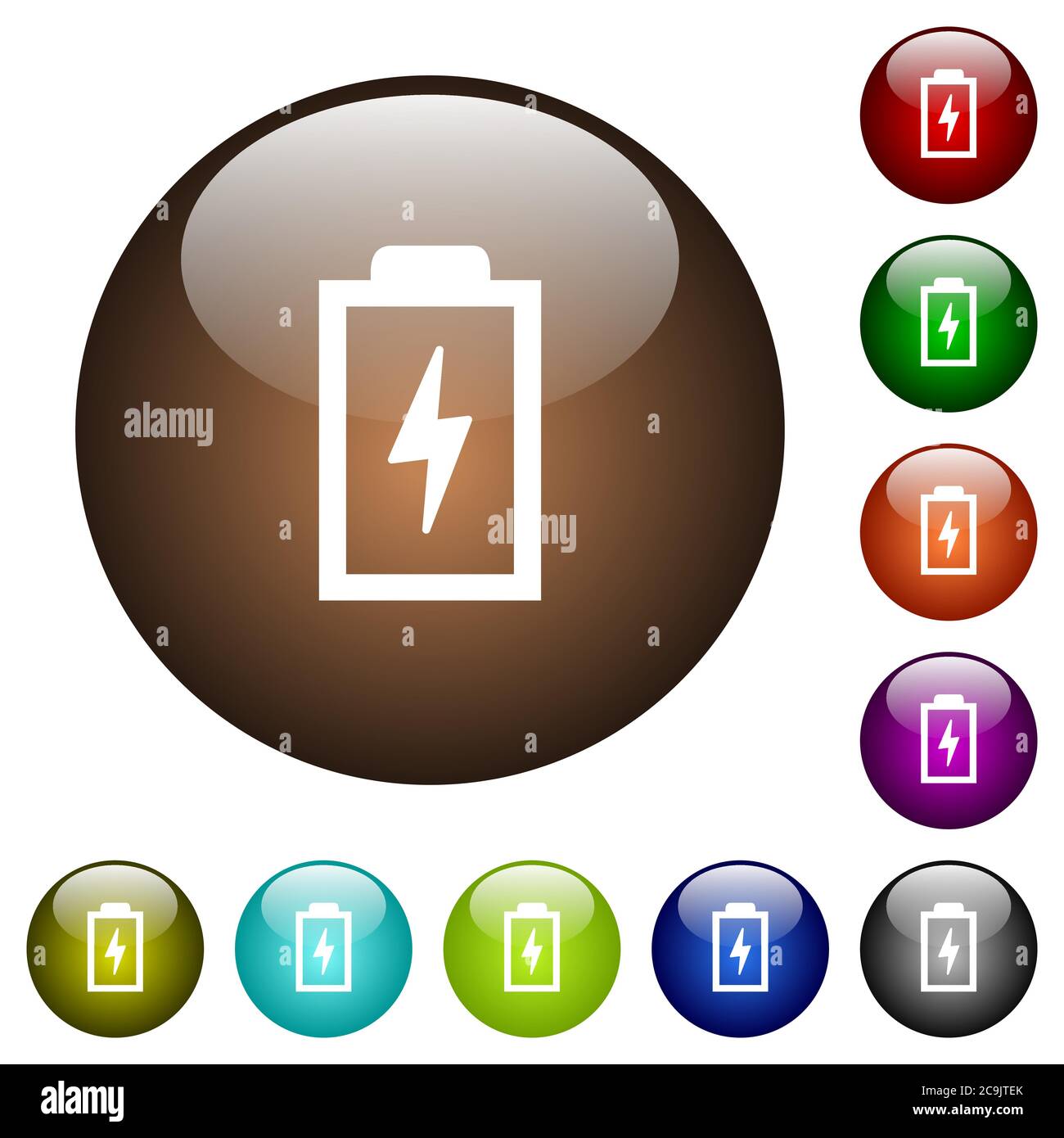 Battery with energy symbol white icons on round color glass buttons ...