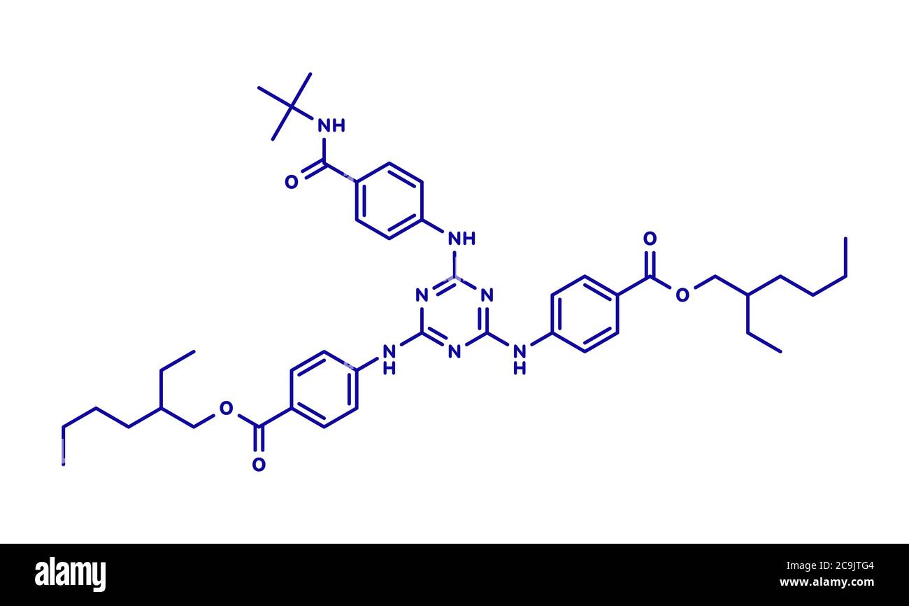 Iscotrizinol sunscreen molecule (UV filter). Blue skeletal formula on ...