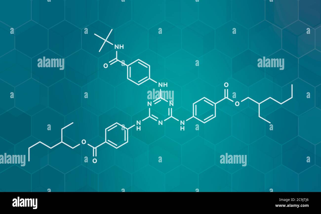 Iscotrizinol sunscreen molecule (UV filter). White skeletal formula on ...