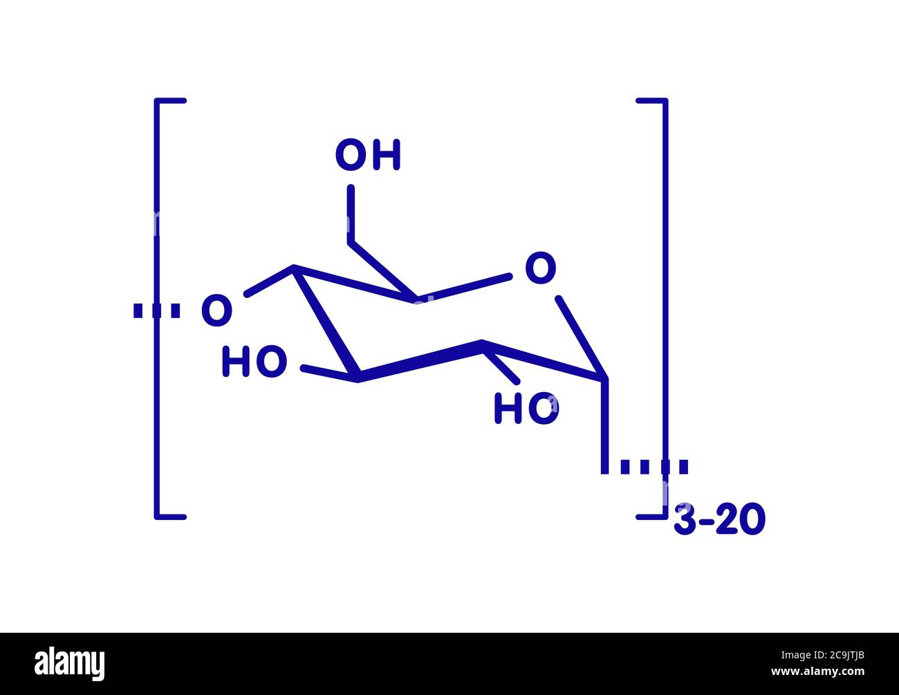 Maltodextrin food additive molecule. Blue skeletal formula on white ...