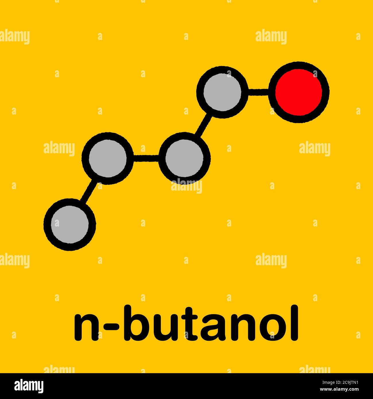 n-butanol (1-butanol) molecule. Used as flavouring and as a solvent. Stylized skeletal formula ...