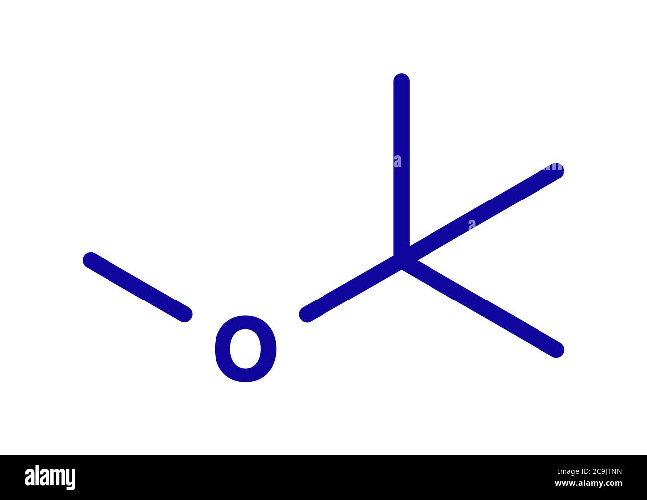 Methyl tert-butyl ether (MTBE, tBME) gasoline additive molecule. Blue ...