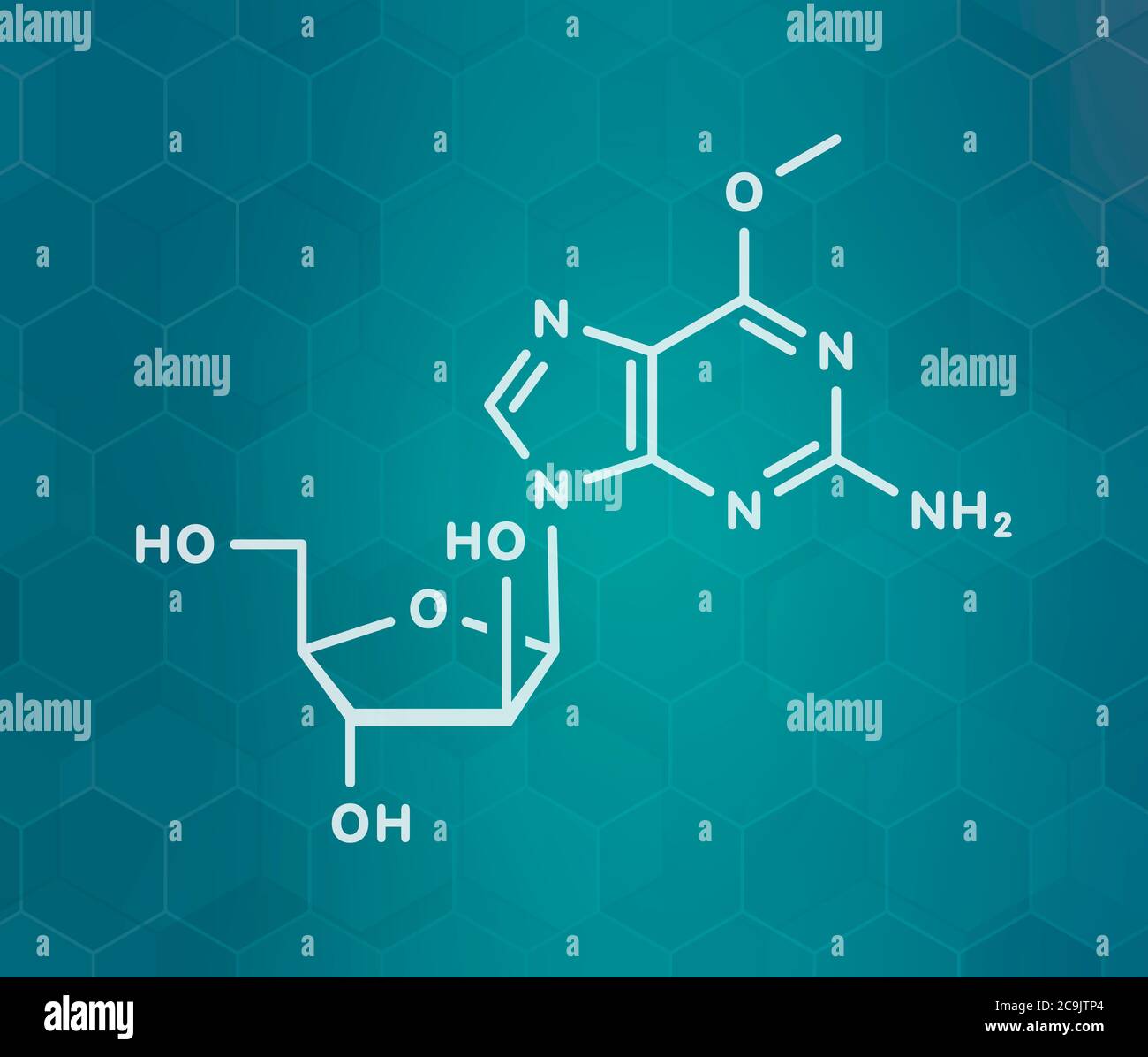 Nelarabine leukemia drug molecule. White skeletal formula on dark teal ...