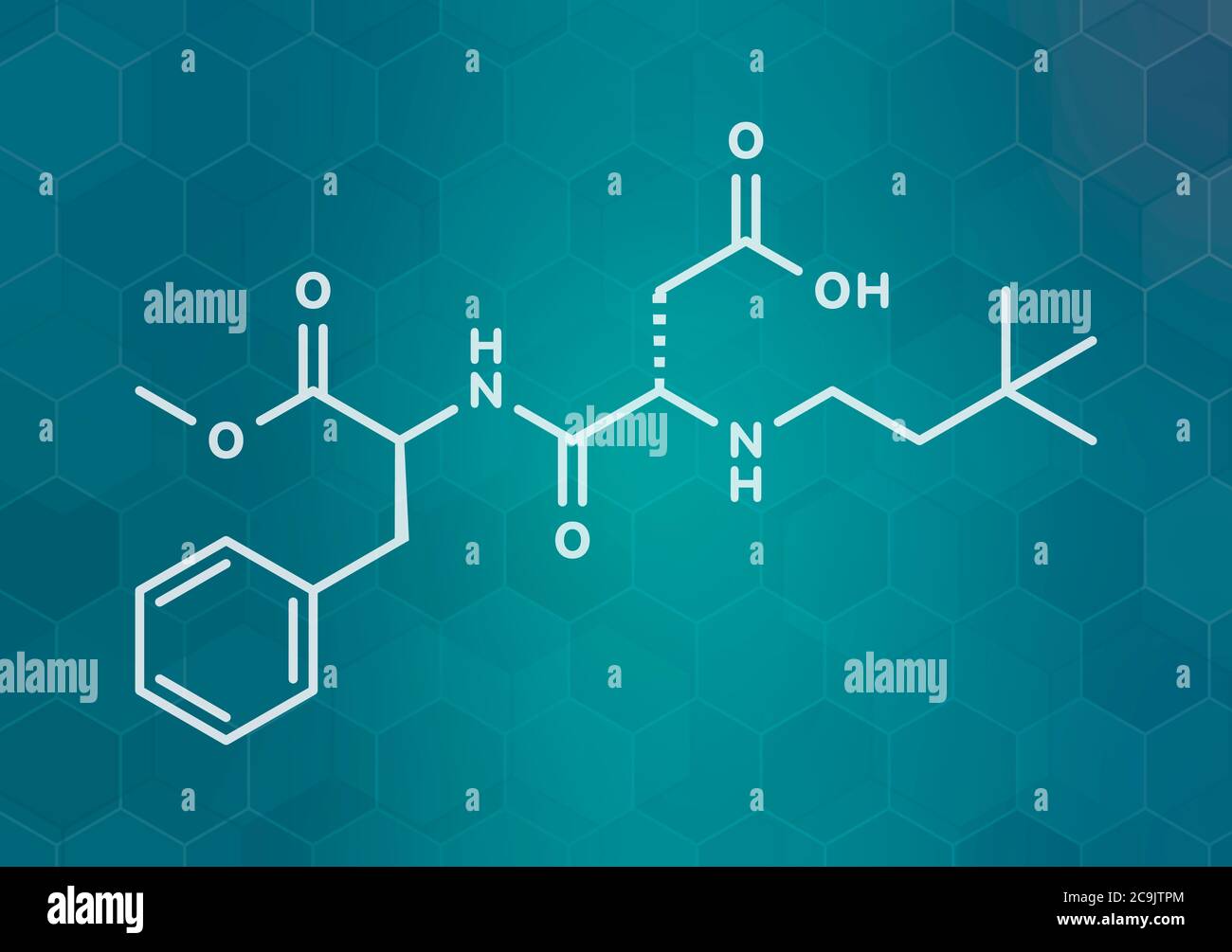 Neotame (E961) sugar substitute molecule. White skeletal formula on ...