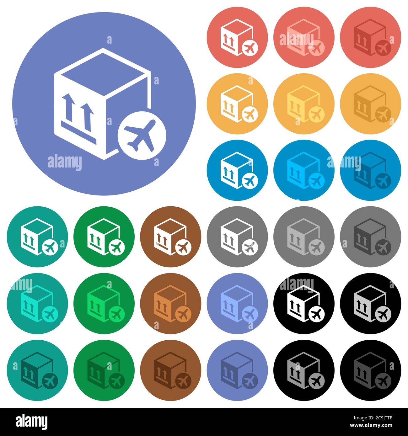 Air package transportation multi colored flat icons on round ...