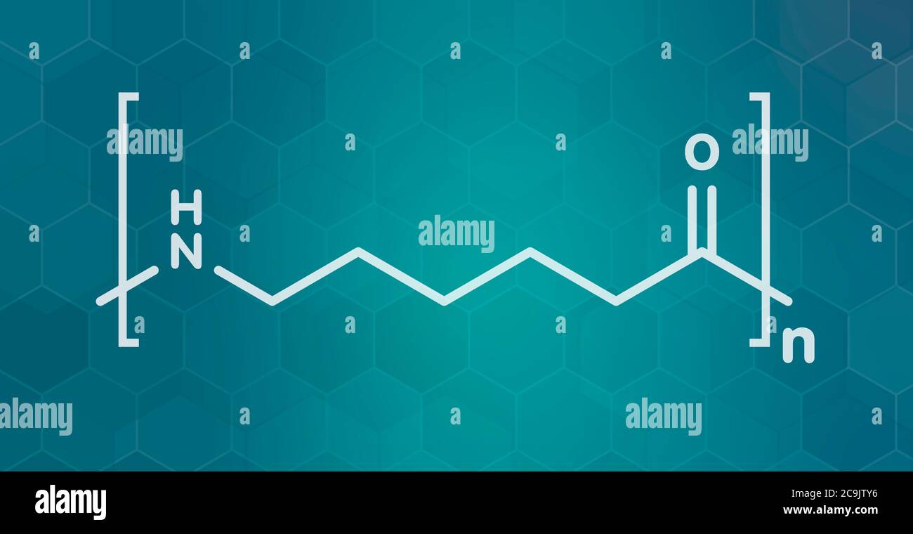 Nylon (nylon-6,6) plastic polymer, chemical structure. White skeletal ...