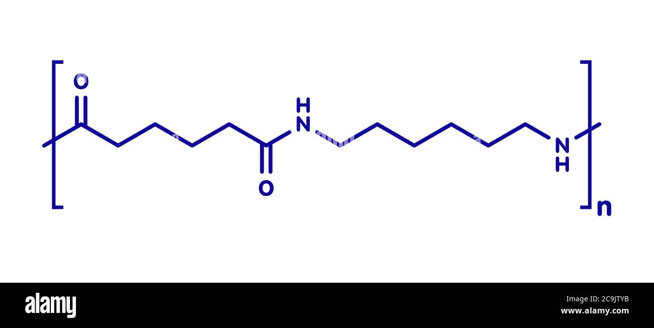 Nylon (nylon-6,6) plastic polymer, chemical structure. Blue skeletal ...